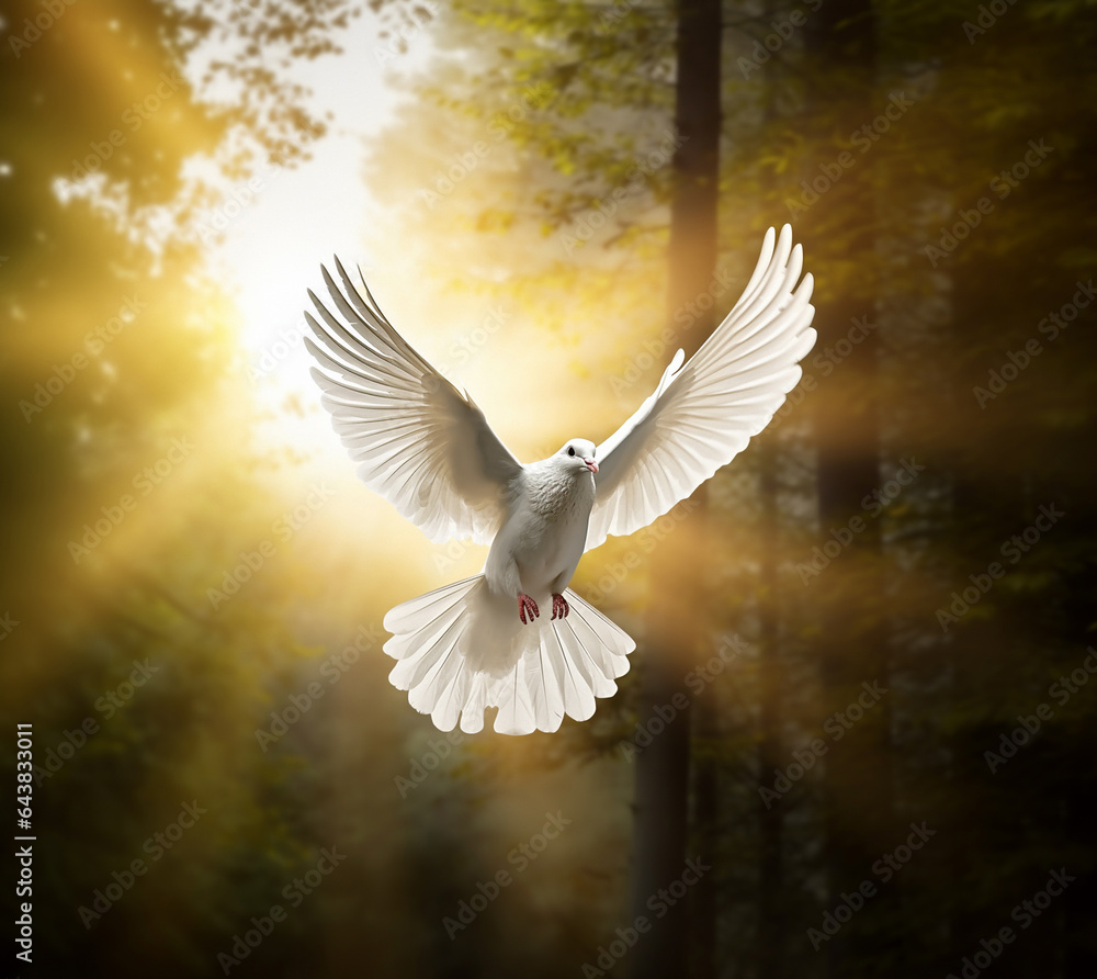 White dove flying through the woods illuminated from the Sun. Symbol of ...
