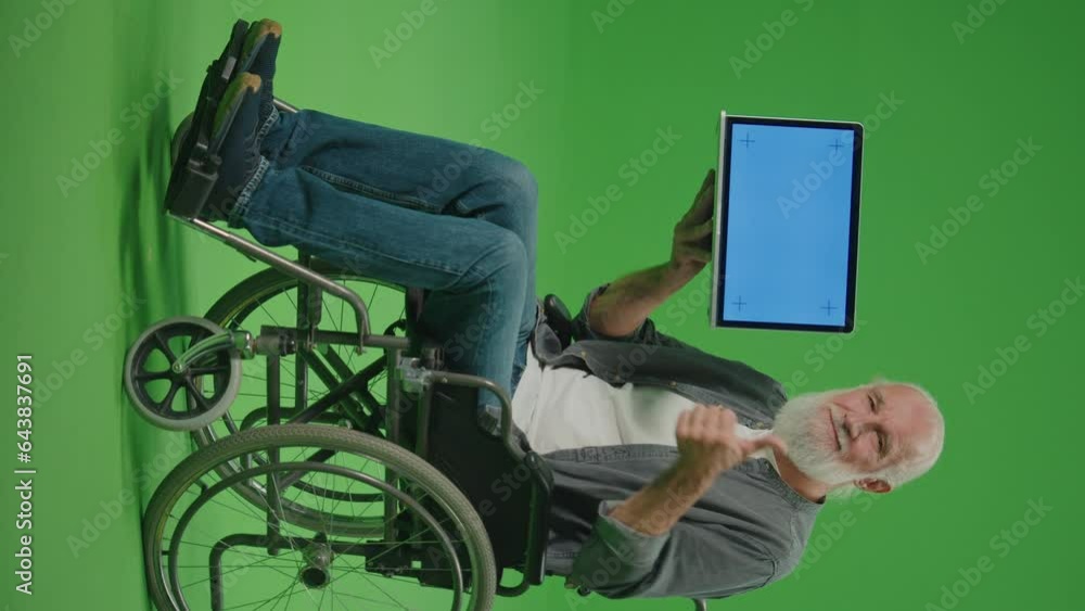 Vertical View. Green Screen.Portrait of an Old Man in a Wheelchair with ...