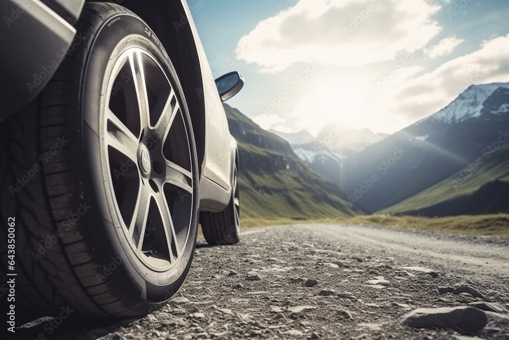 Car wheel on scenic route with mountain peak background. Road trip ...