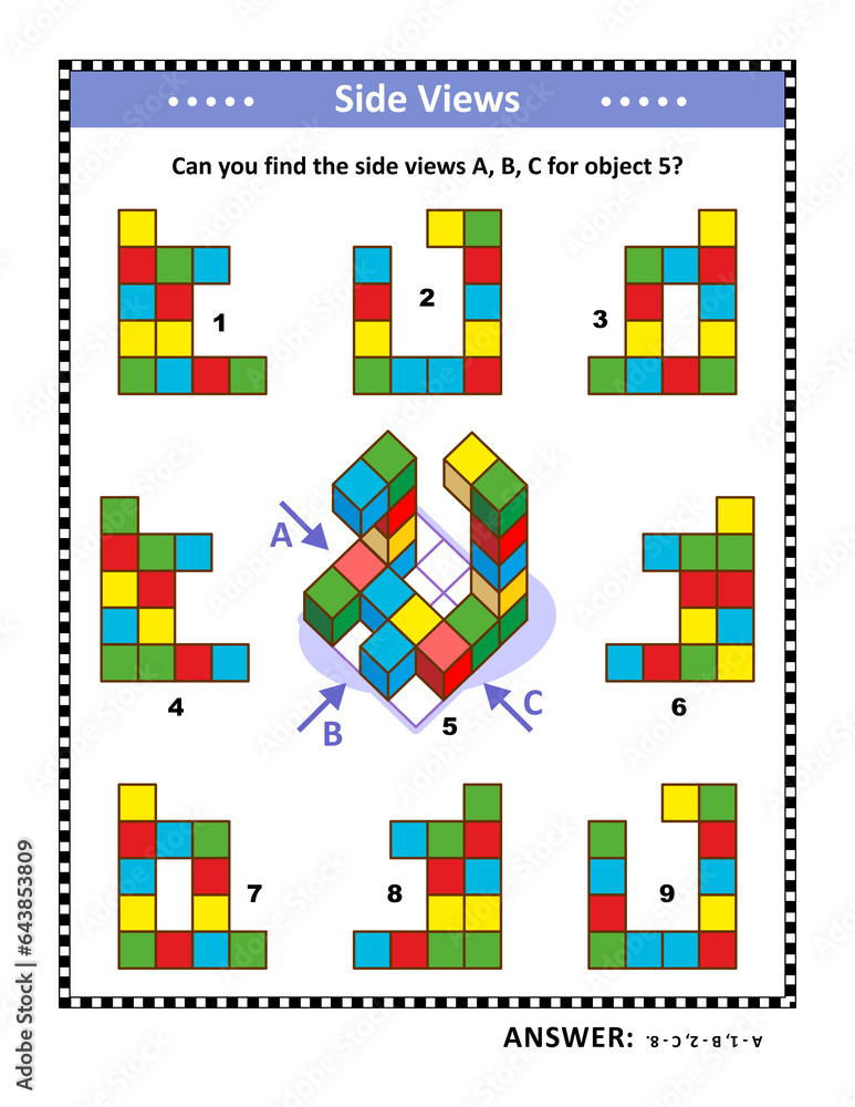 Educational math puzzle with building blocks: Can you find the side views A, B, C for object 5 ...