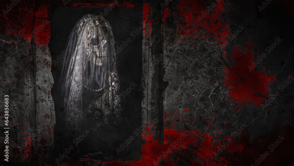 Halloween concept of spooky skull face ghost of bride in veil in old ...