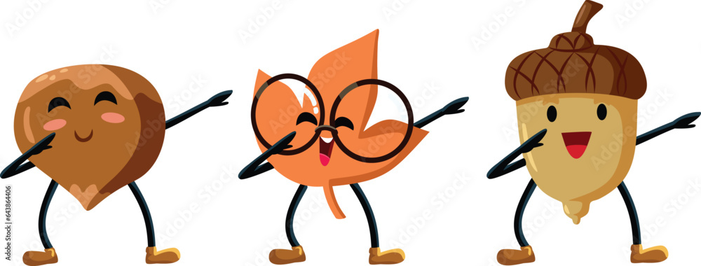 Cartoon Chestnut, Leaf and Acorn Characters Dancing Together in Autumn ...