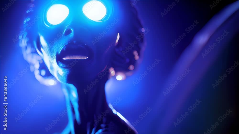 Blue Alien screams in the camera. UFO creature with big neon eyes and ...