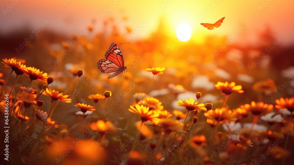 Beautiful image in nature of monarch butterfly on flower with sunset ...
