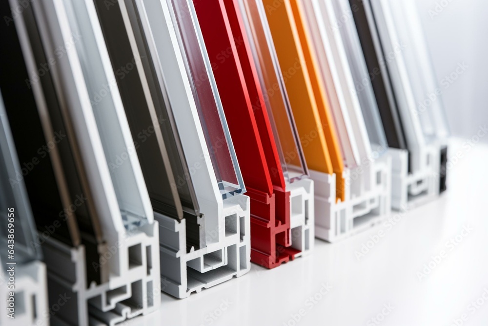 Different colored cross-sectional pvc window profiles against a plain ...