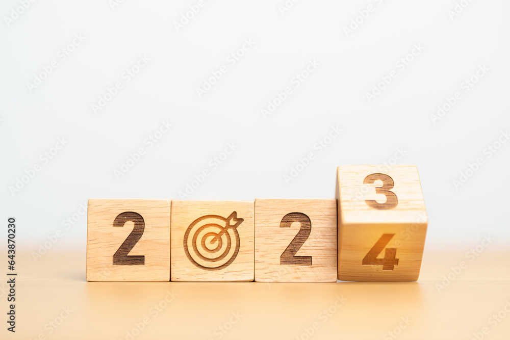 2023 year change to 2024 year block with dartboard icon. Goal, Target ...