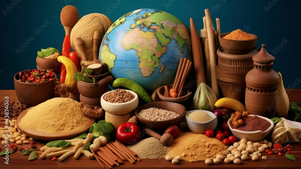 Earth globe at the center of food variety, cooking ingredients and ...