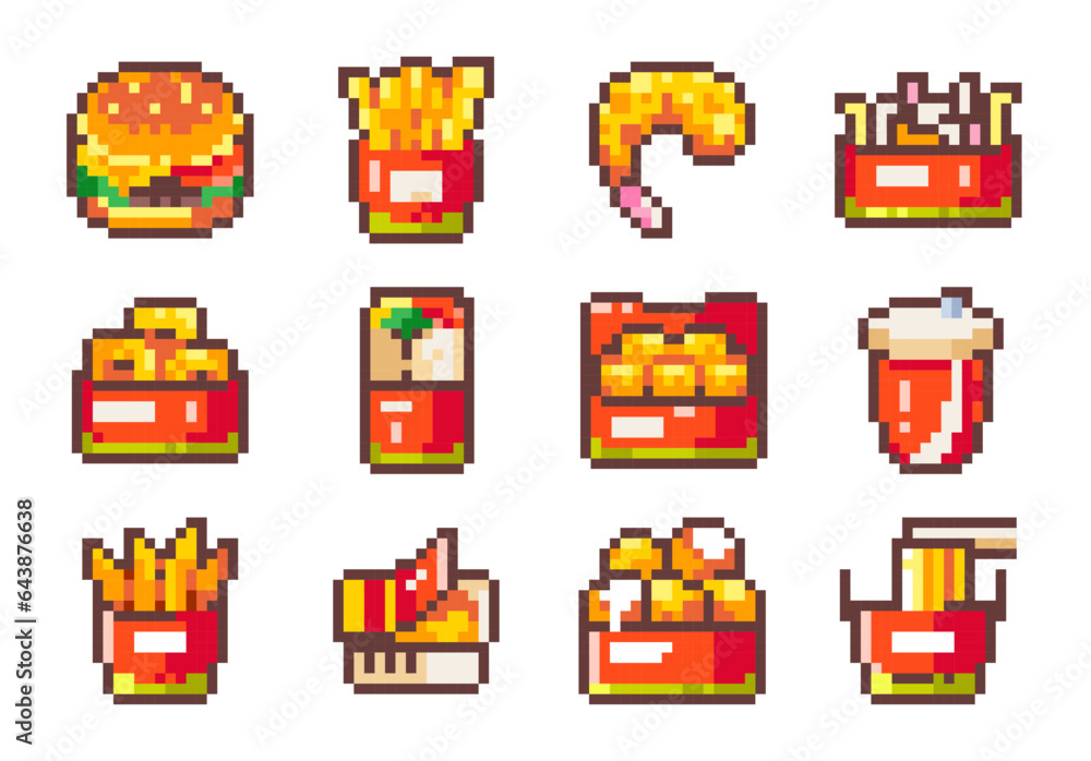 Classic Fast Food Pixel Art Set. Video Game Style 8 bit Collection ...