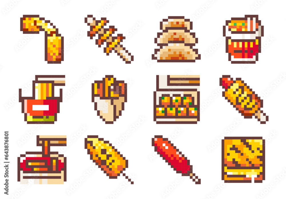 Korean Street Food Collection in Pixel Art Style. 8bit Retro Video Game ...
