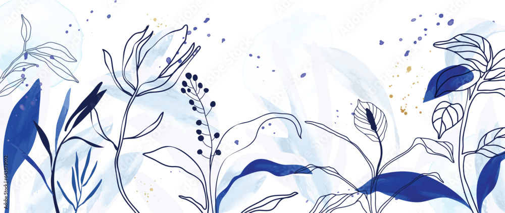 Blue floral art watercolor background vector. Flower line art with ...