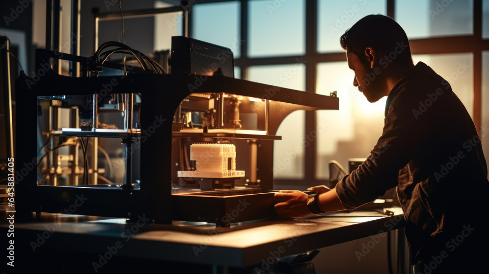 An engineer prints a prototype model on a 3d printer in a laboratory ...