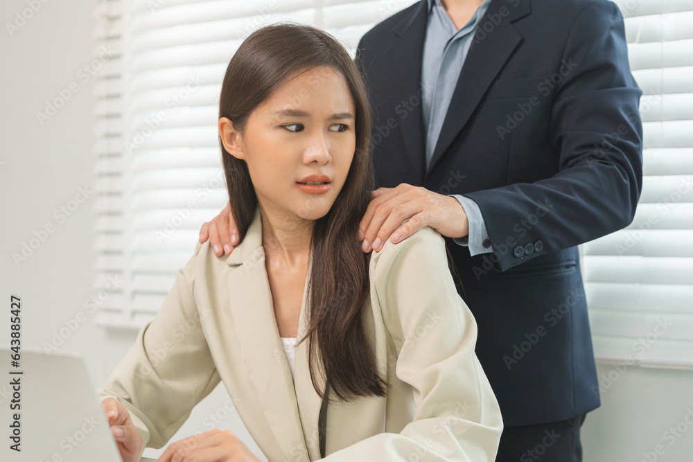 Disgusted asian young employee, pressure business woman uncomfortable ...