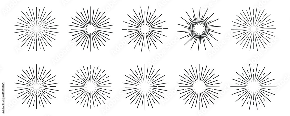 Sunburst set. Sunburst collection. Bursting sun rays. Fireworks. Retro ...