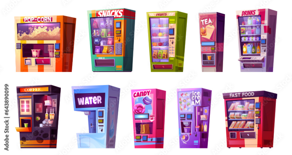 Vending machine icon with snack, candy and popcorn illustration. Food ...