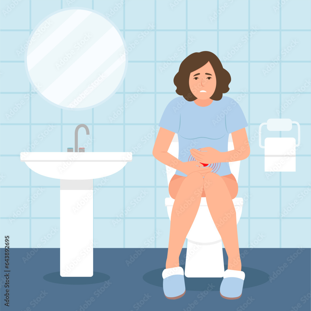 Woman sitting on toilet and suffering from stomach ache. Diarrhea constipation digestive problem ...