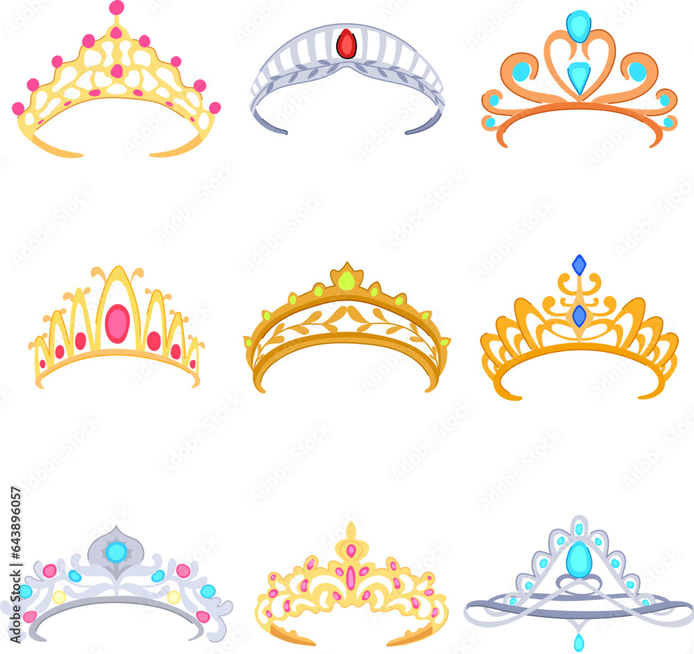 tiara set cartoon. queen jewelry, king girl, fashion logo tiara sign ...