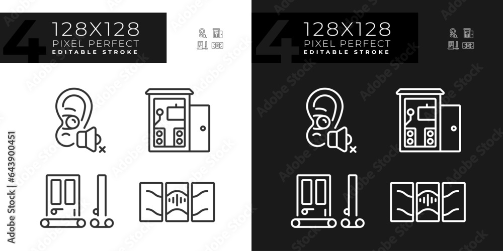 Pixel perfect light and dark mode icons set representing soundproofing ...