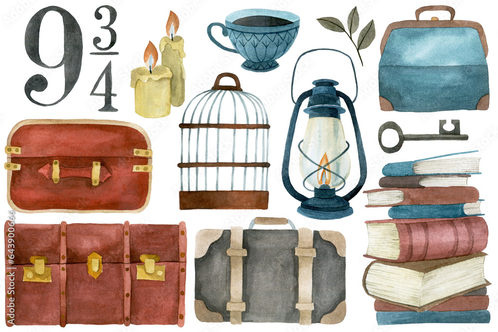 watercolor drawing, set of vintage elements, old items. stack of books ...