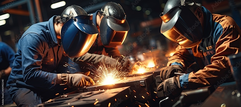 welding worker team working arc weld metal joint production in heavy ...