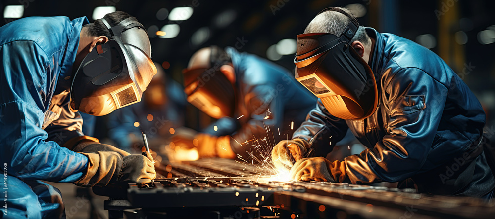 welding worker team working arc weld metal joint production in heavy ...