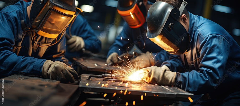 welding worker team working arc weld metal joint production in heavy ...