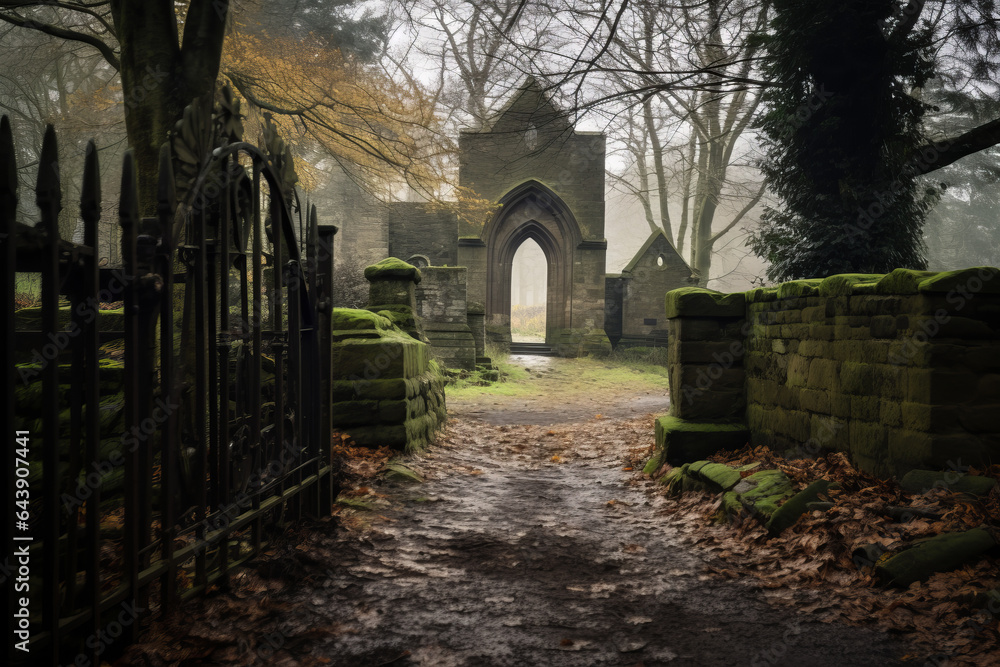 Stane entrance to an old graveyard. a stone building gaurds the ...