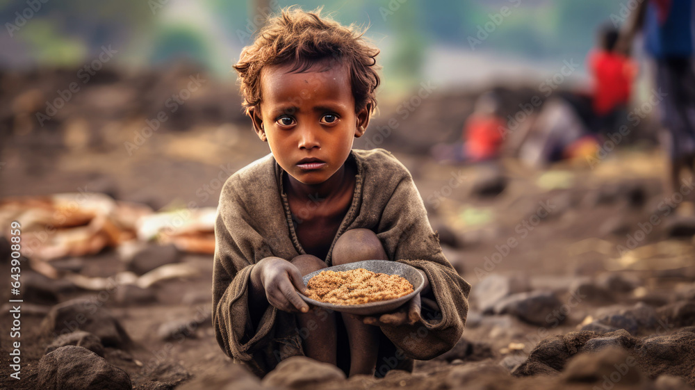 boy Hungry starving poor little child looking at the camera. generative ...