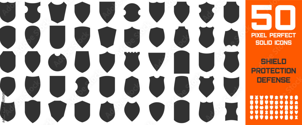 Shield Pixel Perfect Icon Silhouette vector set. Shield shape, security ...