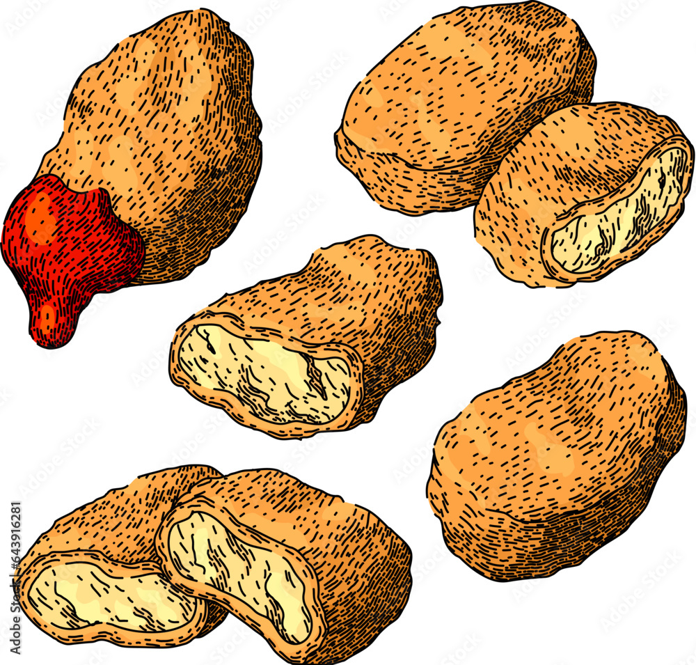 chicken nuggets set hand drawn. food crispy, fried vector, ketchup ...