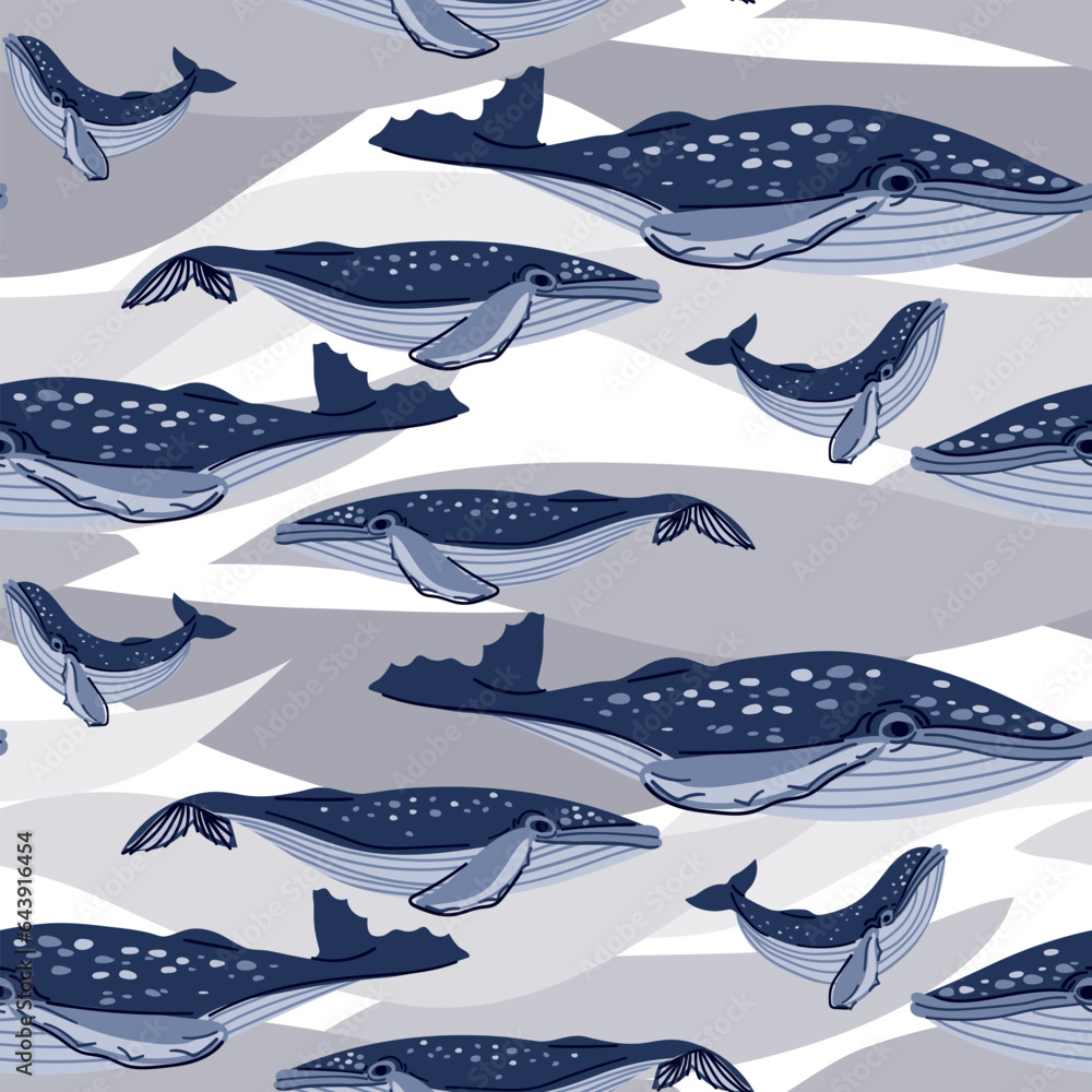 Cute seamless whale pattern on white with big wave spots. The pattern ...