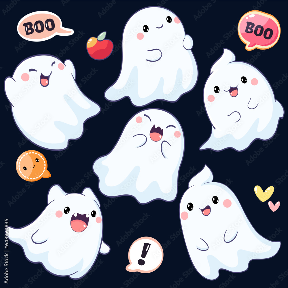 Set of little ghosts in kawaii style. Tiny ghosts in multiple poses ...