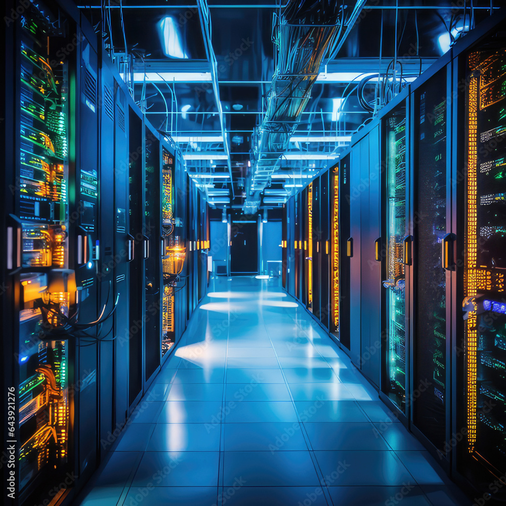 A server room packed with rows of neatly arranged server racks and ...