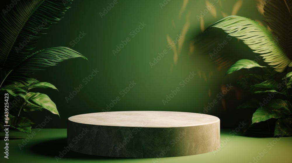 Empty podium on the background of tropical leaves and wall with shadows ...