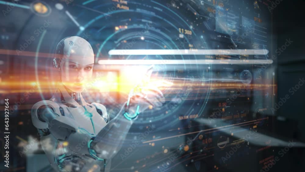 In a high-tech setting, a sleek female humanoid robot navigates through ...