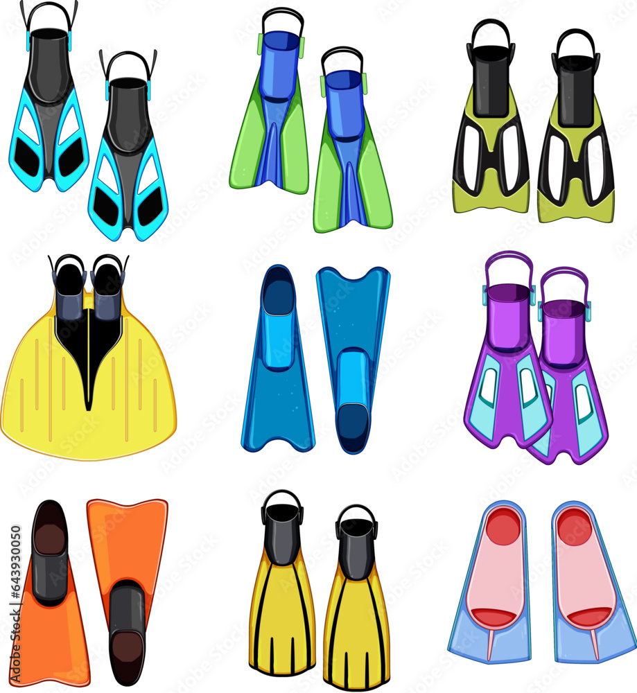 flippers set cartoon. swim fin, scuba diver, fins beach flippers sign ...
