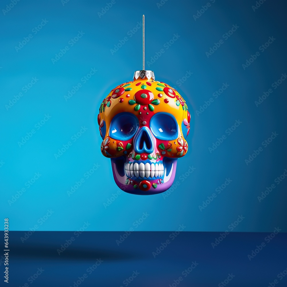 This spooky halloween decoration of a multi-colored skull strung up on ...