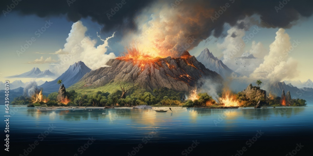 Volcano in the Ocean with a Small Island Atop, Depicted in ...
