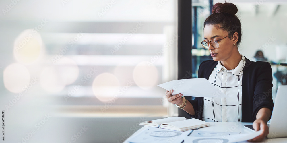 Business woman, documents and data analytics review, human resources ...