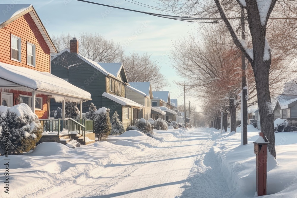 snowy suburban street with cleared sidewalk Stock Photo | Adobe Stock