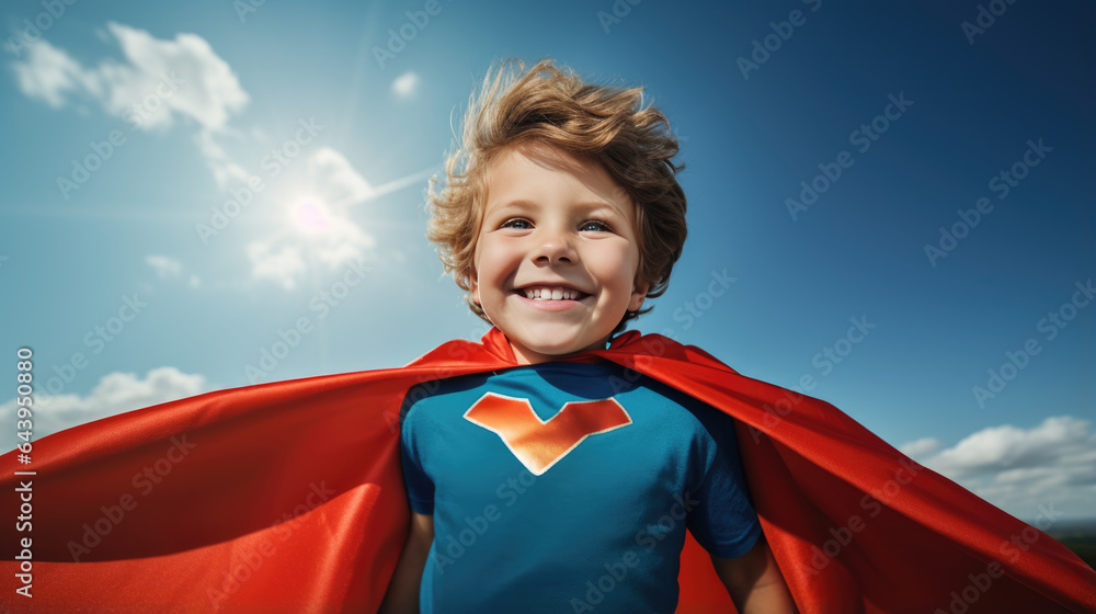 Smiling superhero boy on blue sky background Stock Photo | Adobe Stock