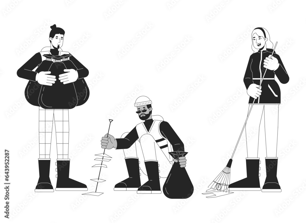 People cleaning neighborhood bw concept vector spot illustration ...