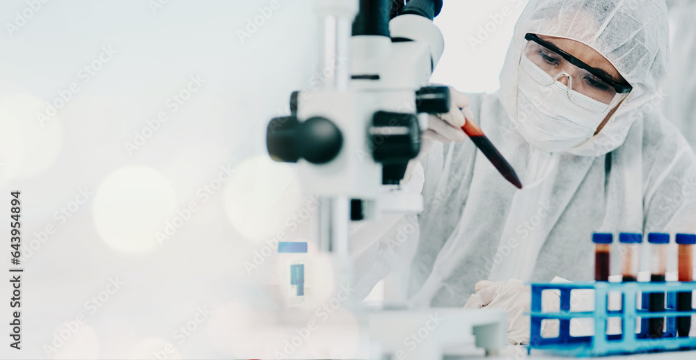 Science, blood sample and scientist in a hazmat suit doing research ...