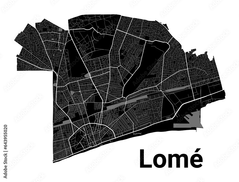 Lome city map, capital of Togo. Municipal administrative borders, black ...