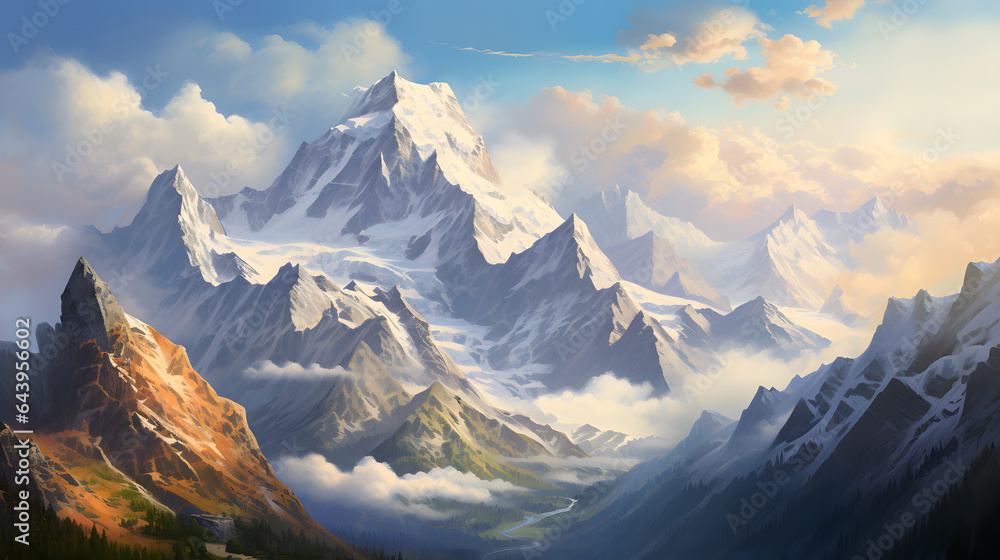 Experience the awe-inspiring grandeur of towering mountain peaks from a ...