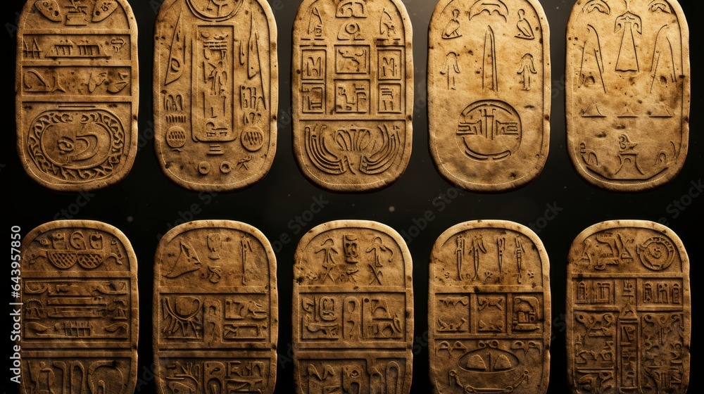 Enigmatic hieroglyphic symbols on ancient stone tablets Stock ...