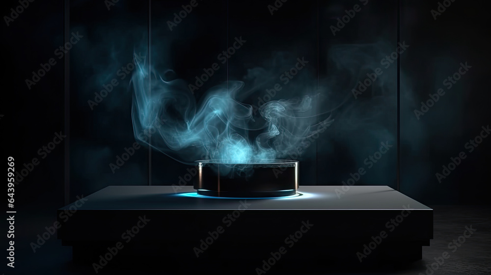 A white round device sits on a table in front of a jungle background ...