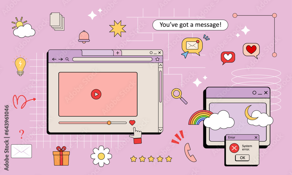 90s retro vaporwave aesthetics digital screen ui. Cute old computer ui ...