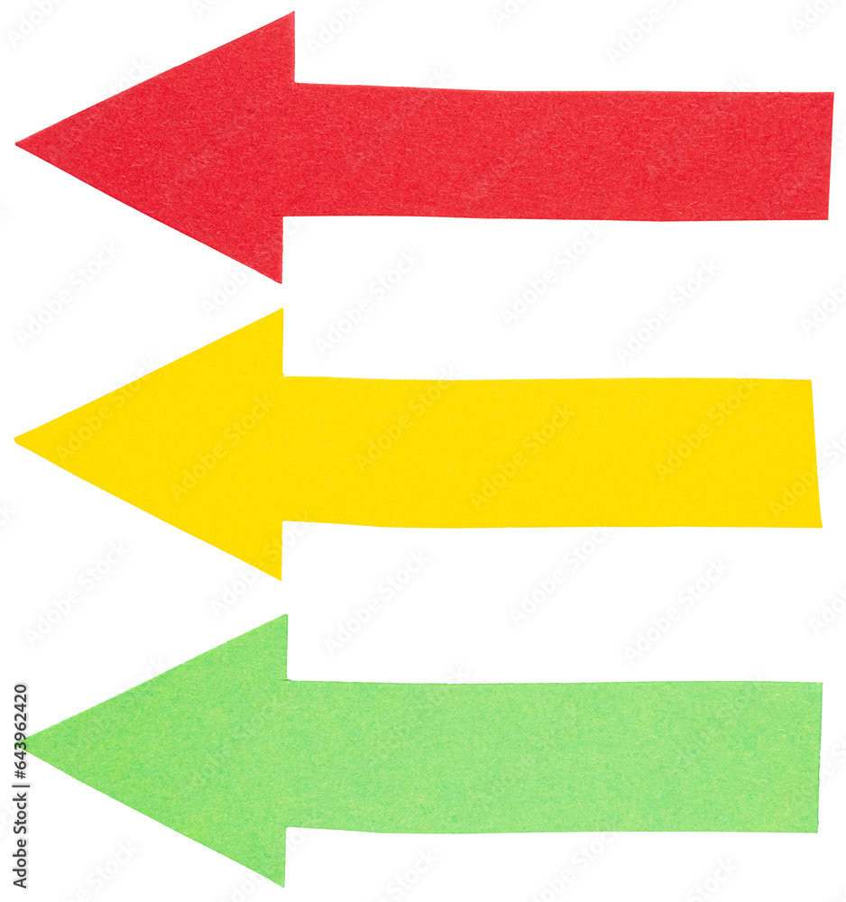Red yellow green paper cardboard arrows symbols pointing left direction ...