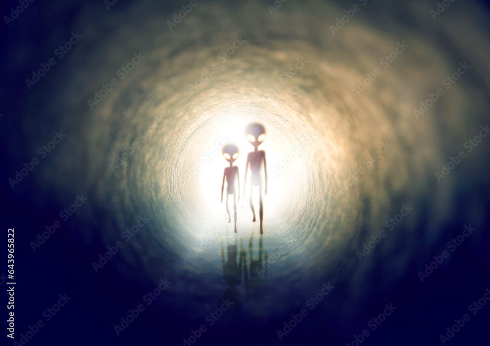 Universe, portal and invasion with aliens walking in space for an ...