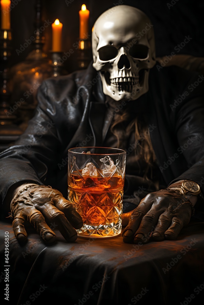 Skellet in suit in a bar drinking a whiskey. Halloween skeleton. Man ...